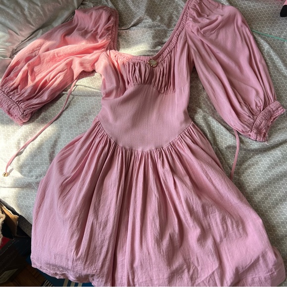 dear jose | Dresses | Dear Jose Pink Puff Sleeve Milkmaid Dress With ...